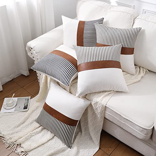 Mecatny Boho Throw Pillows 18x18 Set of 2 - Farmhouse Decorative Throw Pillows with Inserts Included - Brown Faux Leather Modern Stripe Patchwork Linen Accent Throw Pillows for Couch Bed Sofa, Grey