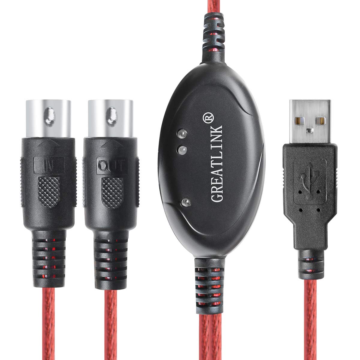 GREATLINK USB in-Out MIDI Interface Professional Piano Keyboard to PC/Laptop/Mac Converter/Adapter MIDI Cable for Home Music Studio Color Red - 6.5Ft