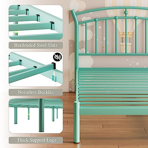 Feonase Twin Size Metal Platform Bed Frame with Retro Headboard, Hardened Steel Tube, 12" Under-Bed Storage, No Box Spring Needed, Easy Assembly, Mint Green