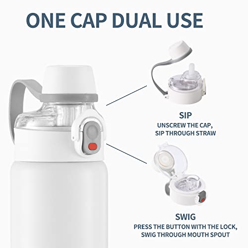 FEWOO 24 Oz Insulated Water Bottle with One Lid for Sip and Swig Stainless Steel Water Bottle With Straw BPA-Free,Keep Cold for 24h & Hot for 12h (WHITE)¡