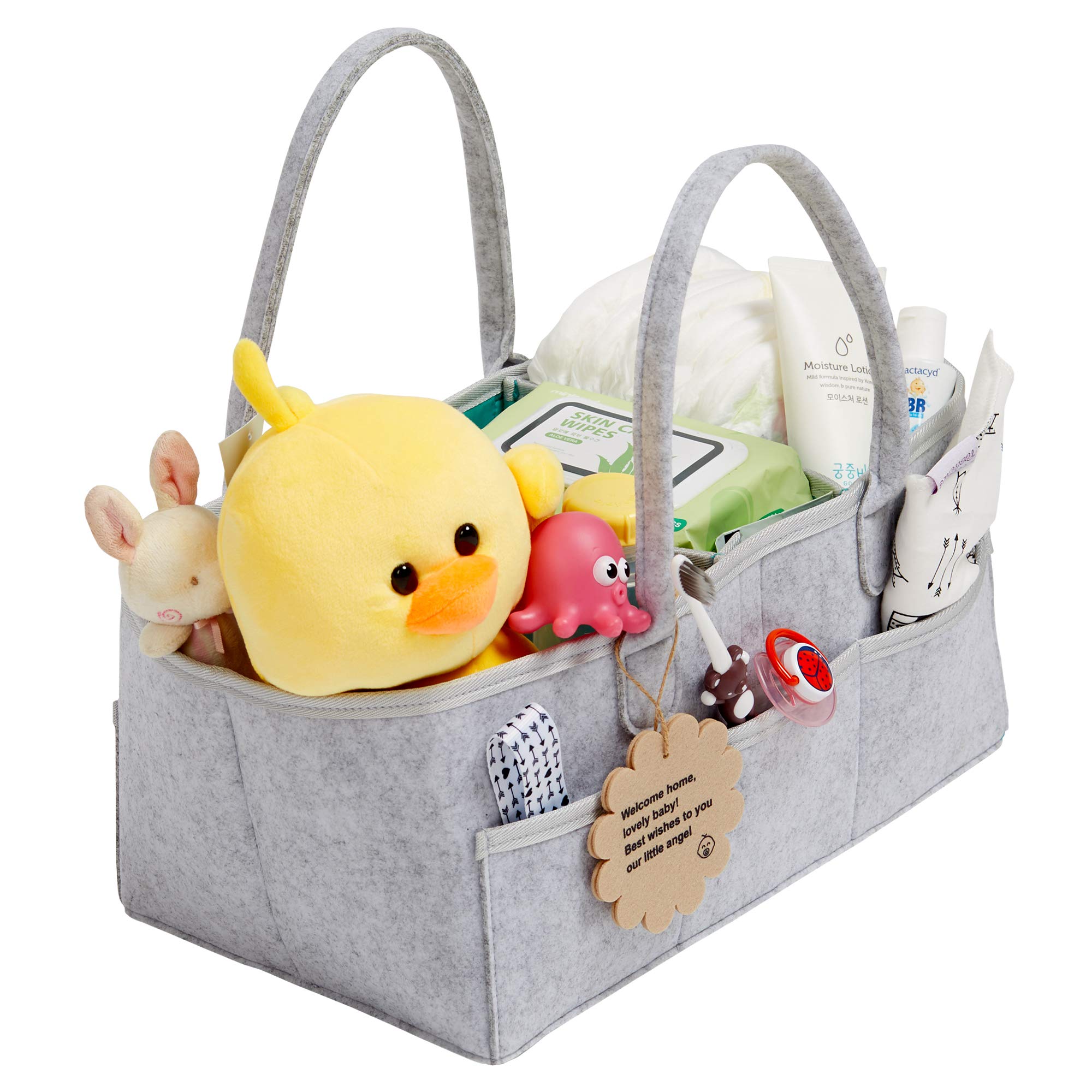 Baby Diaper Caddy Organizer - Shower Registry Gift Basket with Pacifier Clips, Bibs for Newborn - Caddy Nursery with Waterproof Liner Easy to Clean Perfect for Changing Table and Car - Grey Nappy Bag