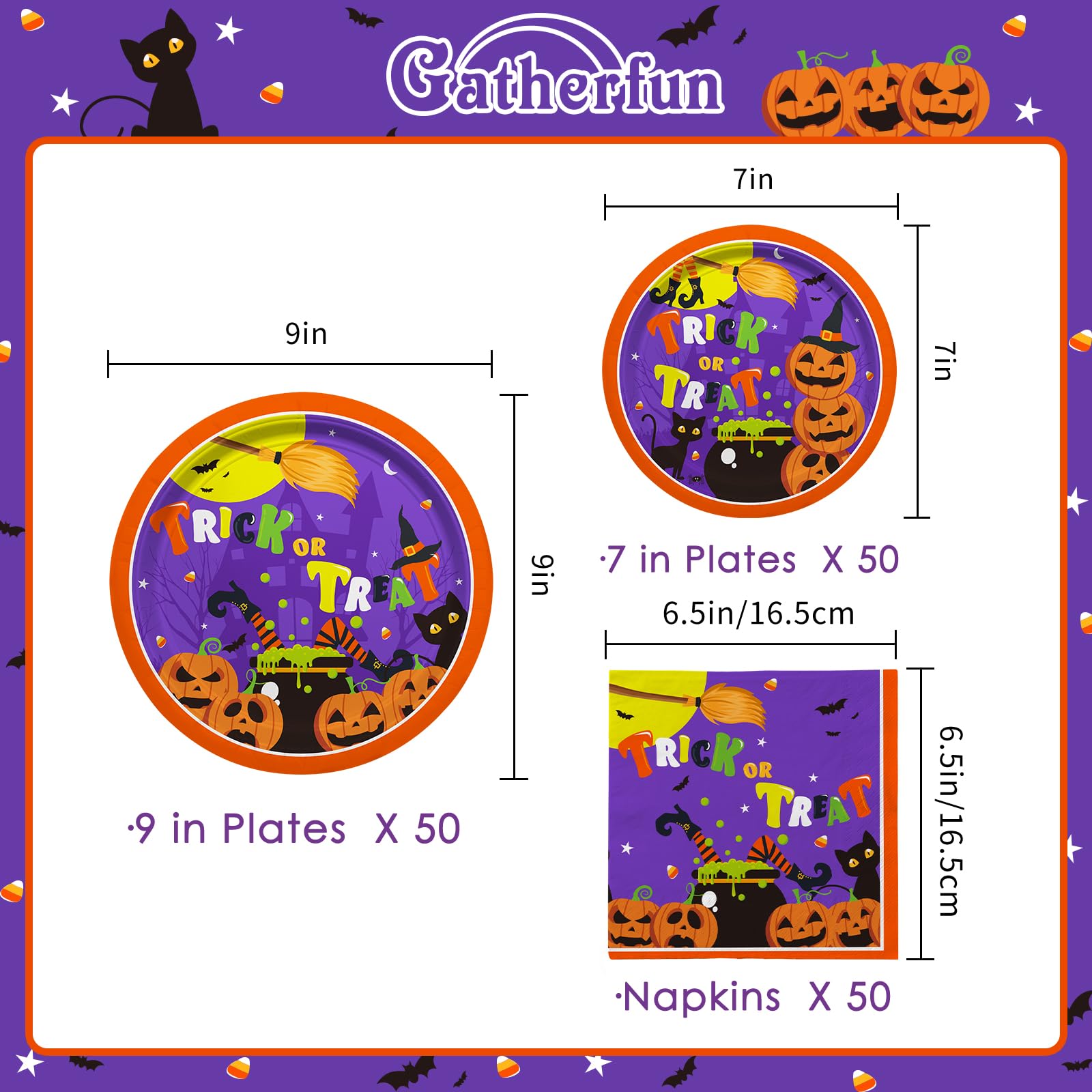 Halloween Party Supplies Kit Serve 50,Halloween Witch Pumpkin Design Includes Disposable Dinner Plates, Dessert Plates and Napkins, Halloween Birthday Party Decorations