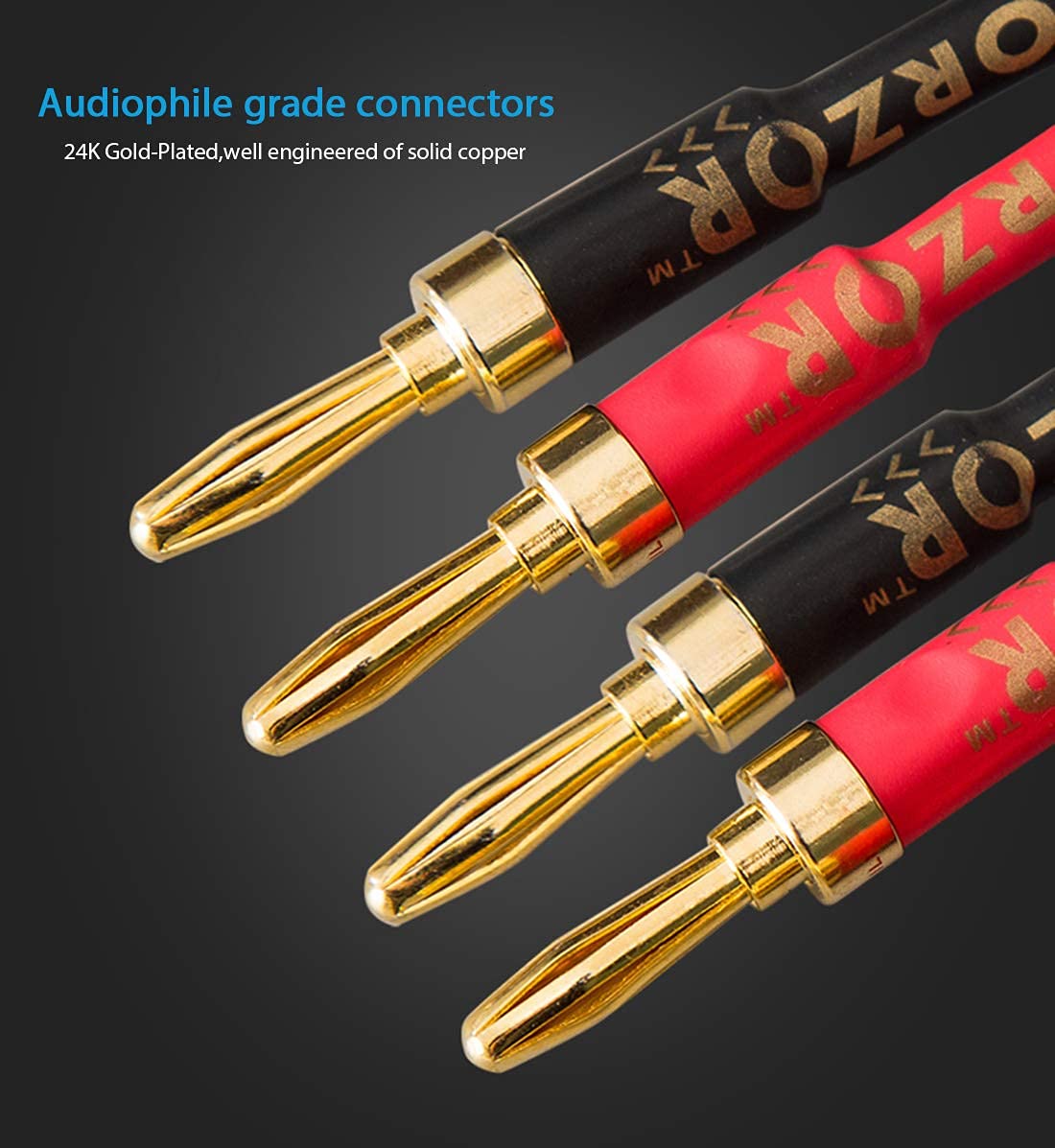 JORZOR 1 Pair 10AWG Speaker Cable,with Gold Plated Banana Tips, Oxygen Free Copper (3FT)