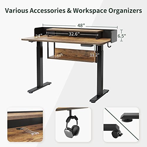 FEZIBO Electric Height Adjustable Standing Desk with Double Shelves, 48 x 24 Inch Home Office Desk with Monitor Stand and Storage, Sit Stand Lift Desk, Rustic Brown