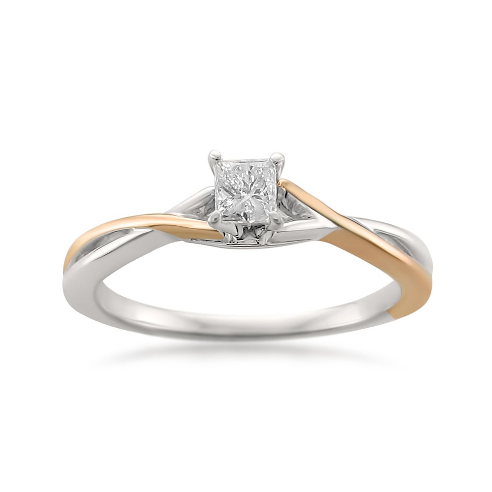 Beyond Brilliance 1/4 Carat, 14K Two-Tone Rose & White Gold with Rhodium Princess Cut Diamond Engagement Ring (I-J, I1-I2), Size 7 | Natural Diamond Engagement Ring for Women