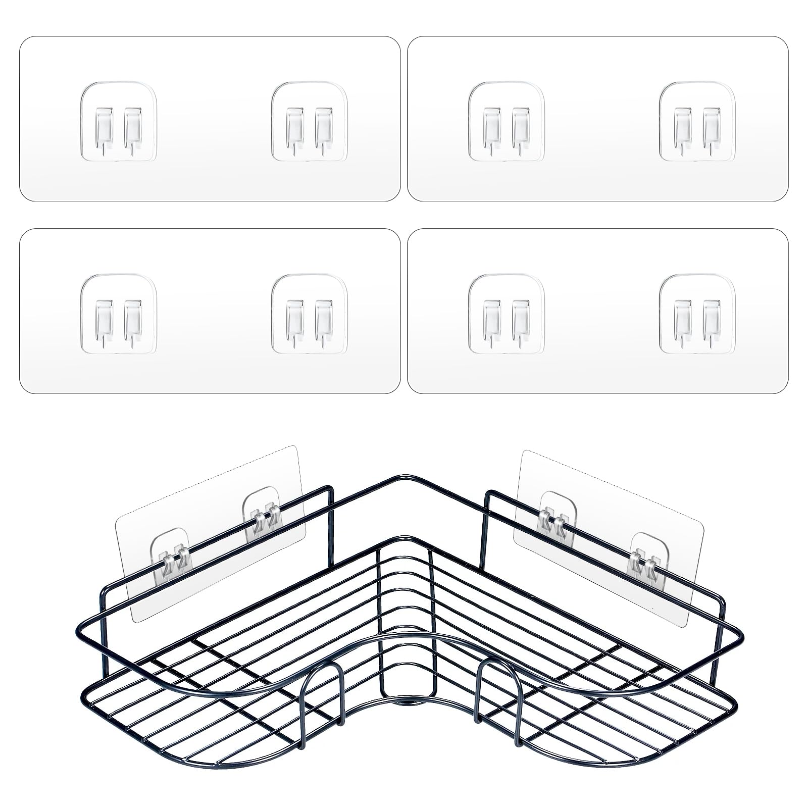 COMNICO 4 Pack Shower Caddy Adhesive Hooks Replacement, Strong Self-Adhesive Sticker No Drilling Waterproof Hanging Hooks for Bathroom Storage Shelves Kitchen Racks (Double Hook,Transparent)