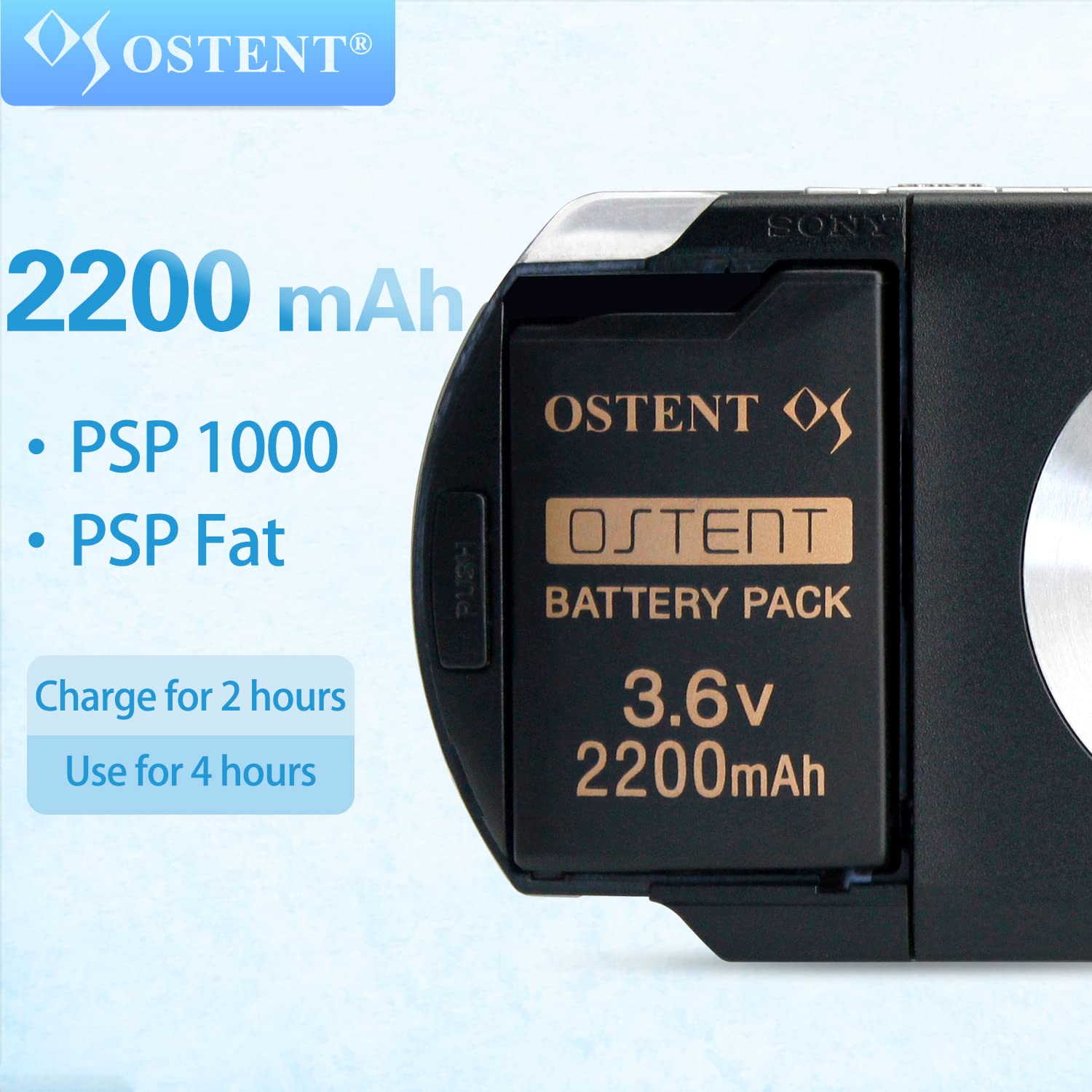 OSTENT High Capacity Quality Real 2200mAh 3.6V Lithium Ion Li-ion Polymer Rechargeable Battery Pack Replacement Upgraded Version for Sony PSP 1000 PSP-280 Console Video Games