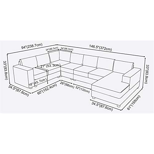 BOWERY HILL Contemporary Fabric 7 Seat Reversible Sectional Sofa Chaise in Gray