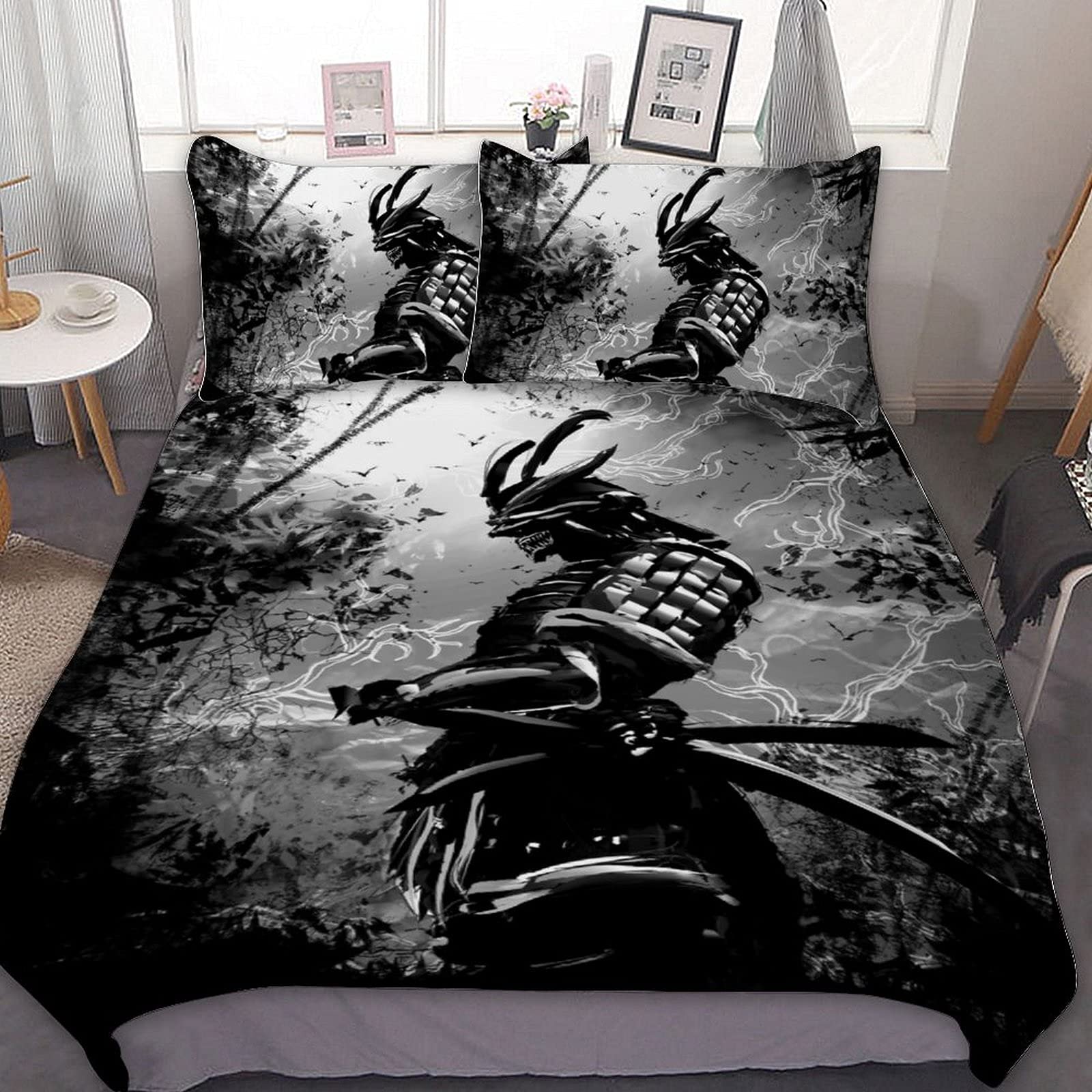 Japanese style Traditional Pattern armor samurai ronin Cherry Blossoms Bedding Sets,3PCS Full Size Duvet Cover Set,Graphics Bedding (1 Duvet Cover +2 Pillow Shams) with Concealed Zipper Closure Decor