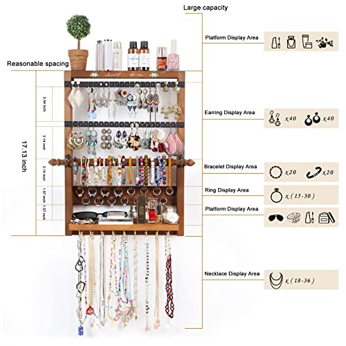 KYLOVHOS Hanging Jewelry Organizer, Wall Mounted, Pine Wood, Rustic Wooden Storage Display for Necklaces, Bracelets, Earrings, Rings (Brown).