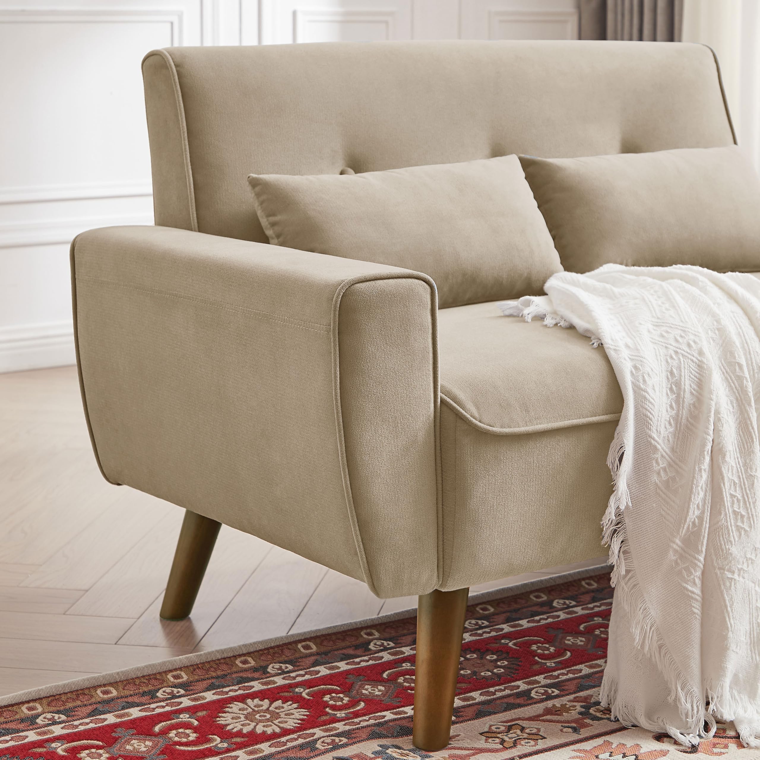 Chireca 48.8" Small Loveseat Sofa Couch, Mid Century Modern Linen Love Seat Couch, 2 Seat Tufted Couches with Throw Pillows for Living Room, Apartment, Bedroom and Small Spaces, Light Grey