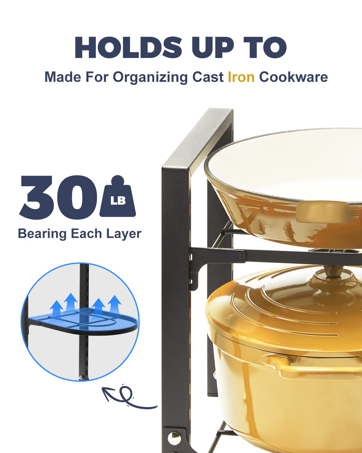 BRONYPRO Adjustable Pot and Pan Organizer for Small Cabinet, Rustproof Storage Organizer Rack for Cast-iron Pots Pans with 3 Slots, for Skillets, Frying Pan, Pot Lids, Kitchen Must Have (Black)