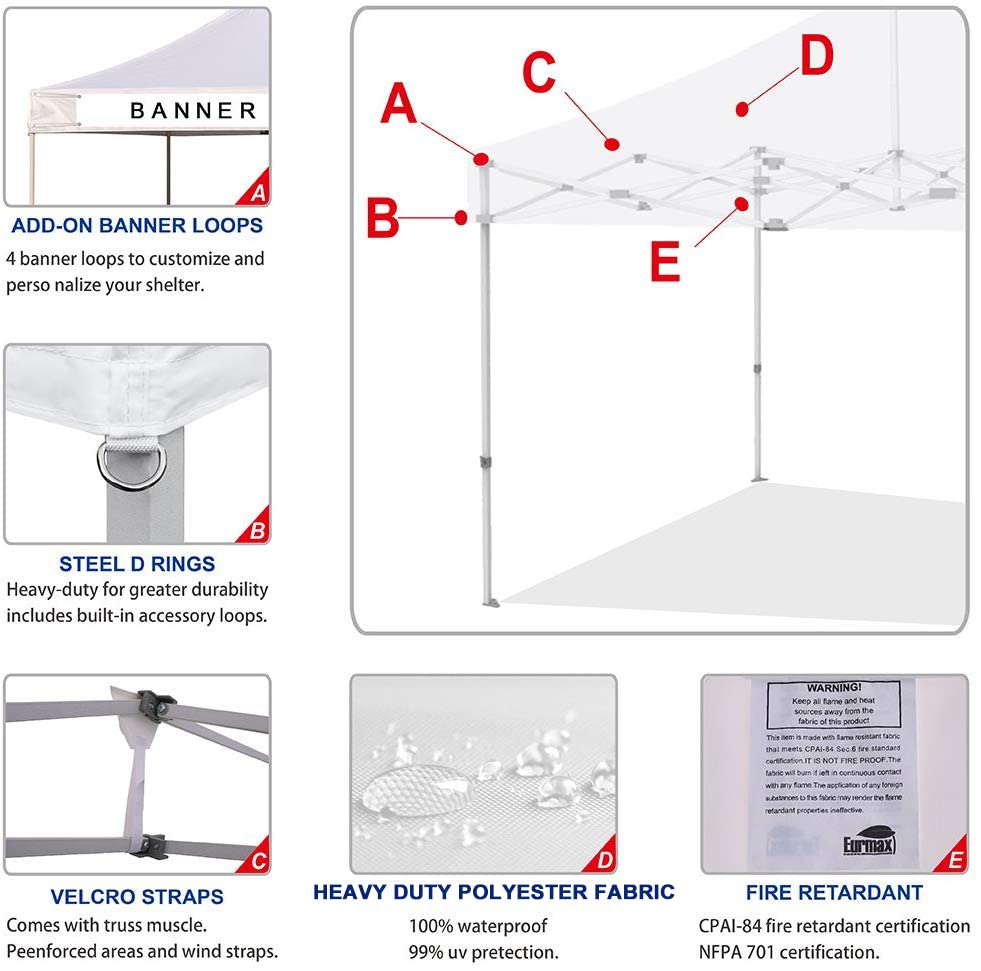 Eurmax New 10x10 Pop Up Canopy Replacement Canopy Tent Top Cover, Instant Ez Canopy Top Cover ONLY, Choose 30 colors,Bonus 4PC Pack Canopy Weight Bag (White)