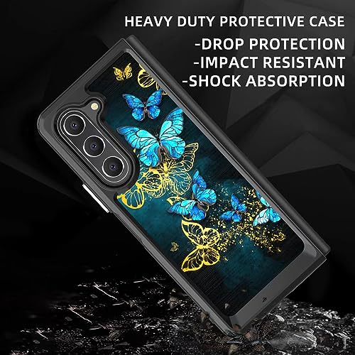 NKase for Samsung Galaxy Z Fold 5 Case, Samsung Z Fold 5 Case Cute Hard Slim Cover Galaxy Z Fold 5 Case Shockproof Women Girls Men Protective Case for Galaxy Z Fold 5 5G Case, Gold/Blue Butterfly