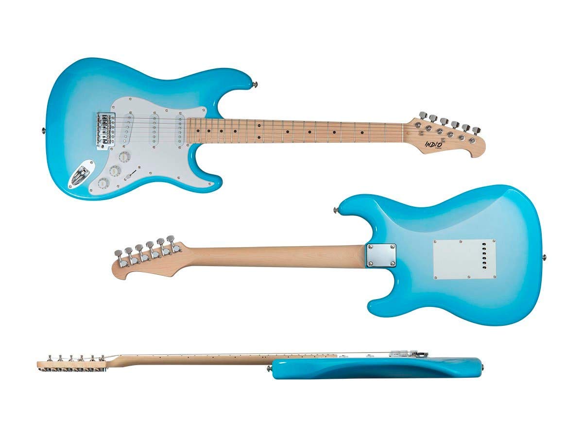 Monoprice Cali Classic Electric Guitar - Blue, 6 Strings, Double-Cutaway Solid Body, Right Handed, SSS Pickups, Full-Range Tone, With Gig Bag, Perfect for Beginners - Indio Series