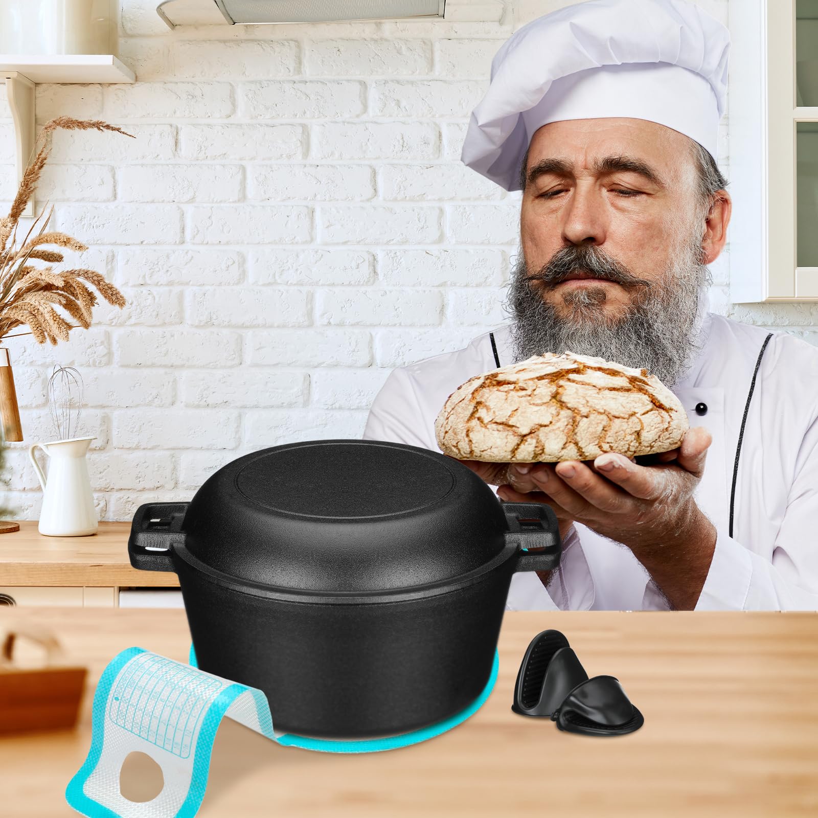 Jingmore 2 in 1 Cast Iron Bread Pan with Lid,10'' Cast Iron Dutch Oven for Bread Baking,5 QT Pot and 2 Quart Skillet Lid Pan with Dual Handles, Dutch Oven for Sourdough with Silicone Baking Mat