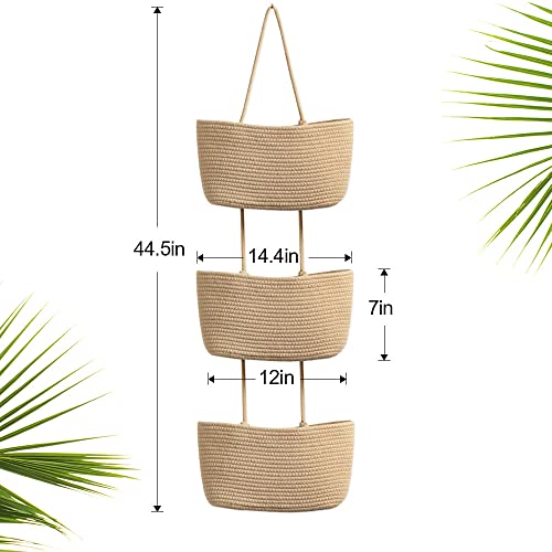 TeoKJ Over the Door Hanging Basket, 3-Tier Woven Cotton Wall-Mounted Storage Organizer Bag Decorative Hanging Kitchen Baskets - Jute