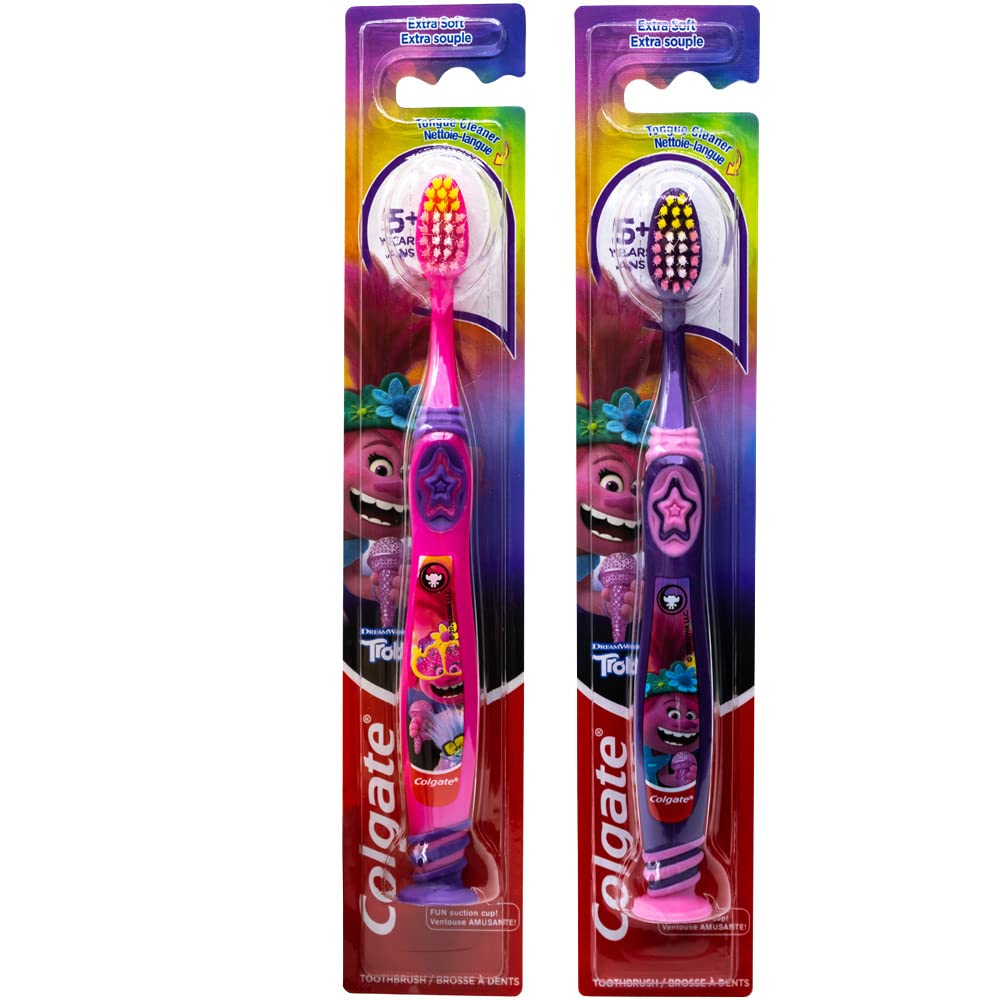 Colgate Kids Trolls Toothbrush with Suction Cup, Children Ages 5+ Extra Soft (Colors Vary) - Pack of 2