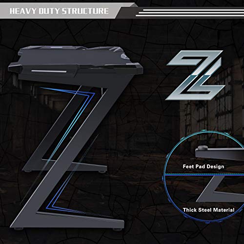 Bowthy Gaming Desk with Led Lights 47inch Carbon Fiber Gamer Desk for PC 17β Z-Shaped Gaming Table for Home Office Game Desk with Free Mouse, Pad Holder for Controller, Headphone&Drink Black