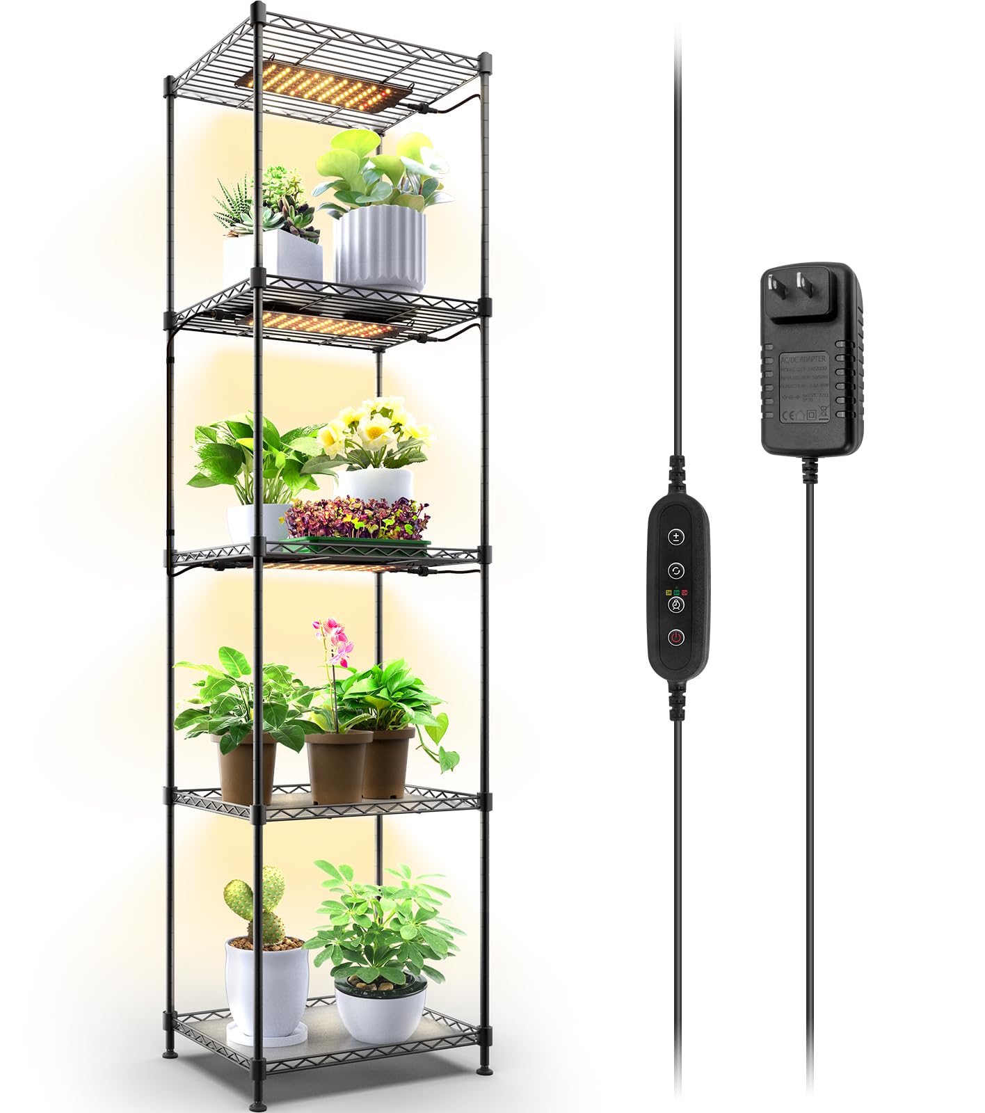 Barrina Plant Shelf with Grow Light, 5-Tier Plant Stand with 40W Ultra-Thin Grow Light Panel for Hydroponics, Seedlings, Succulents, Veg, Flowers & More, Timer Switch, 15.7" L x 11.8" W x 59.1" H