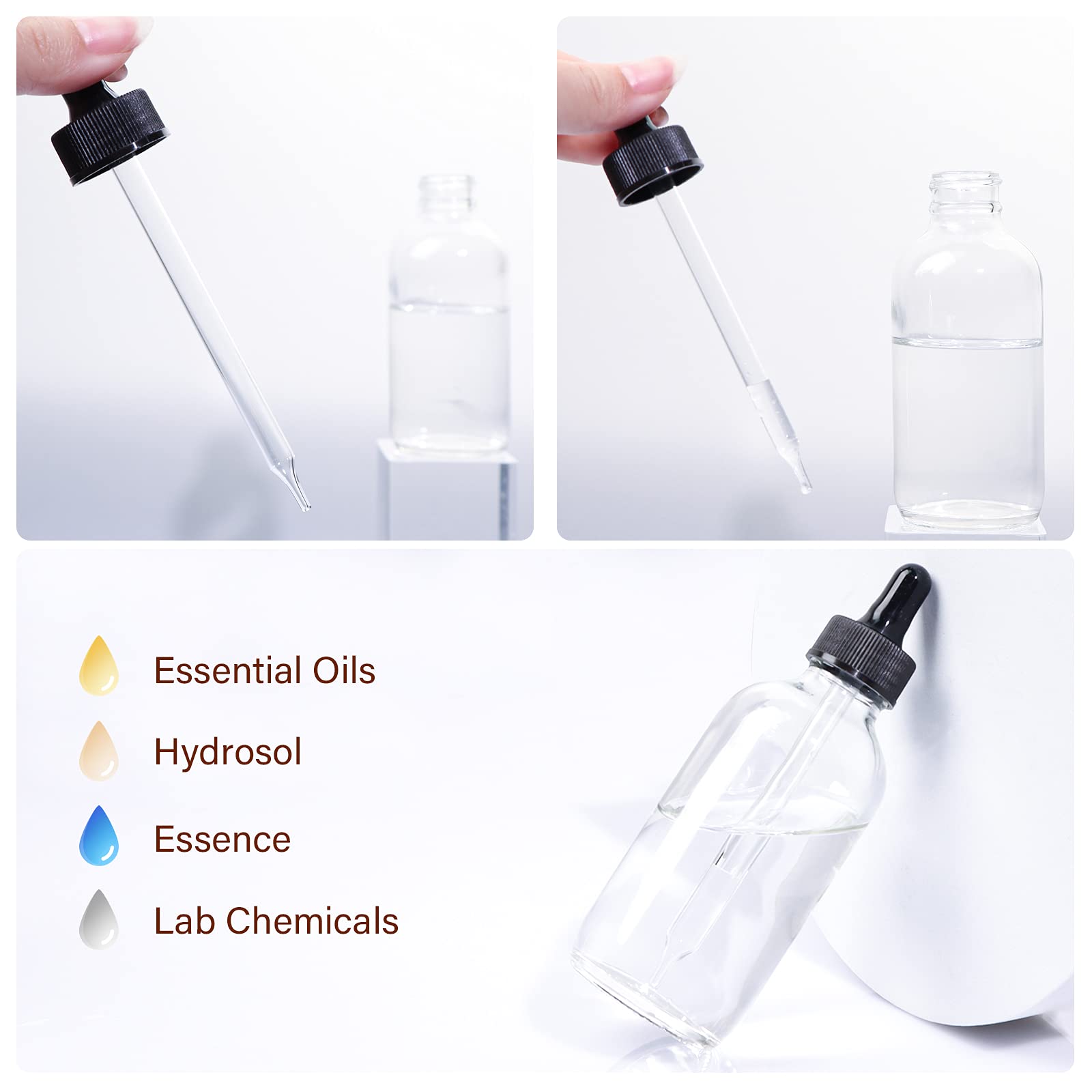 HWASHIN 24 Pack 4oz Clear Glass Bottles with Glass Eye Droppers for Essential Oils, Perfumes & Lab Chemicals (2 Brushes, 2 Funnels, 2 Extra Droppers, 36 Pieces Labels & 30ml Measuring Cup Included)