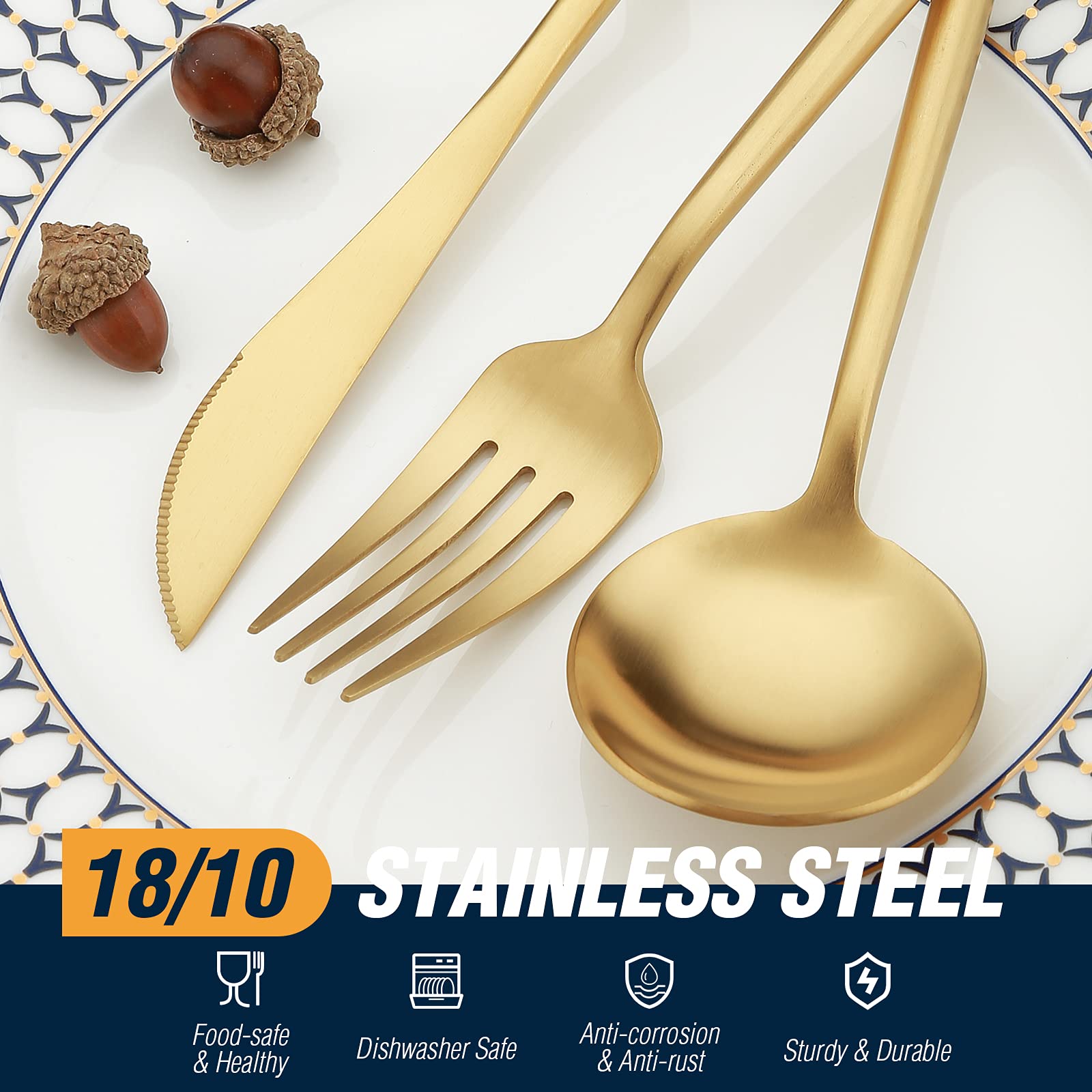 BirdyFly Gold Silverware Set, 20 Piece Stainless Steel Flatware Set Service for 4, Matte Gold Cutlery Set, Include Knives/Forks/Spoons, Dishwasher Safe