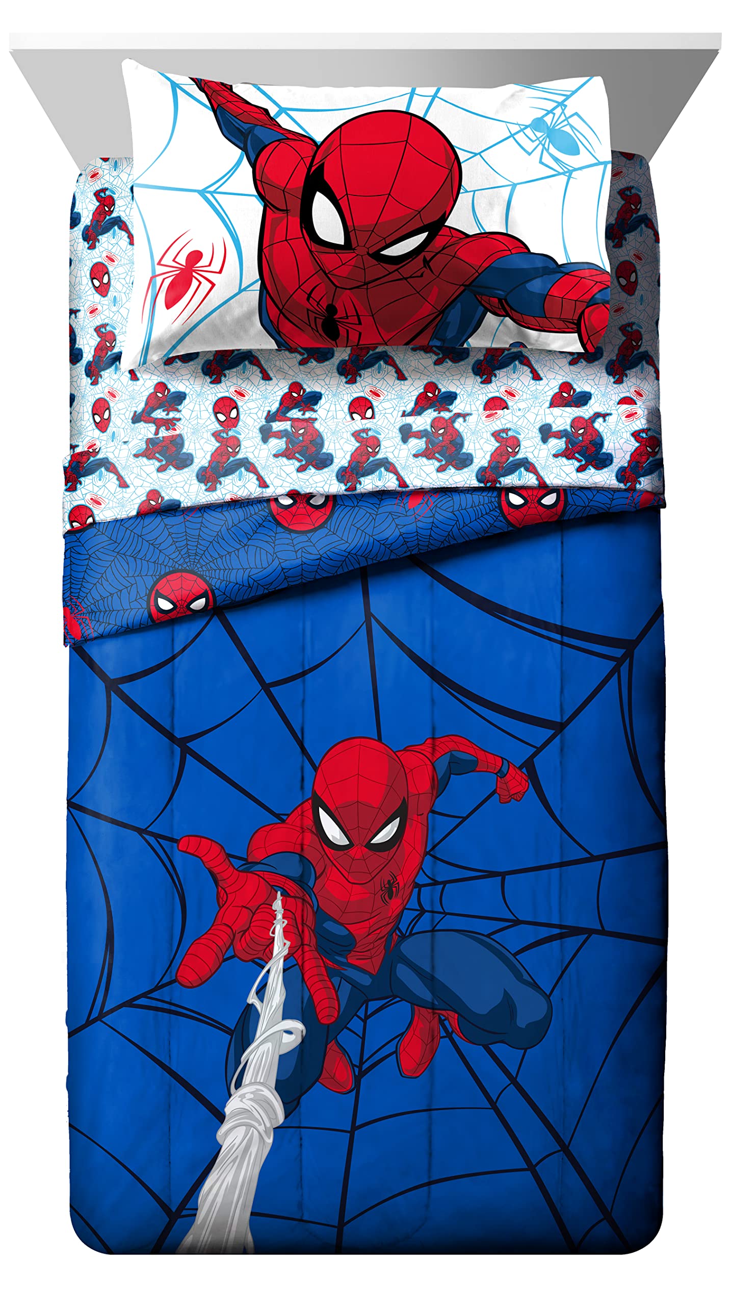 Jay Franco Marvel Spiderman Webtastic 4 Piece Toddler Size Bed Set – Super Soft Microfiber Bed Set Includes Toddler Size Reversible Comforter & Sheet Set Bedding (Official Marvel Product)