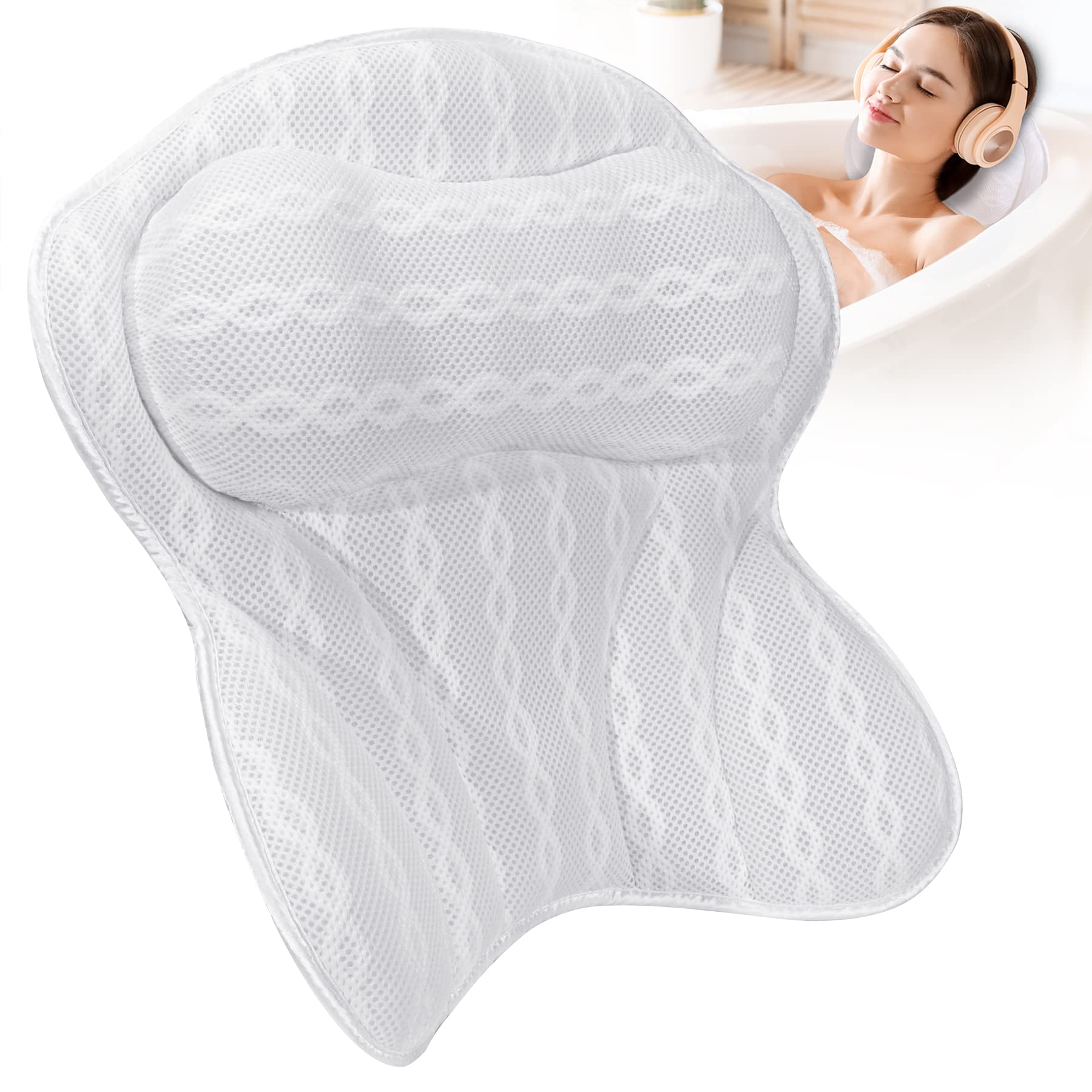 Bath Pillow for Bathtub, VOLOSA Bath Pillows for Tub Neck and Back Support, Luxury Bath Tub Pillow with 6 Suction Cup, 3D Air Mesh Headrest for Soaking Tub, Bubble Baths and Relaxing Spas