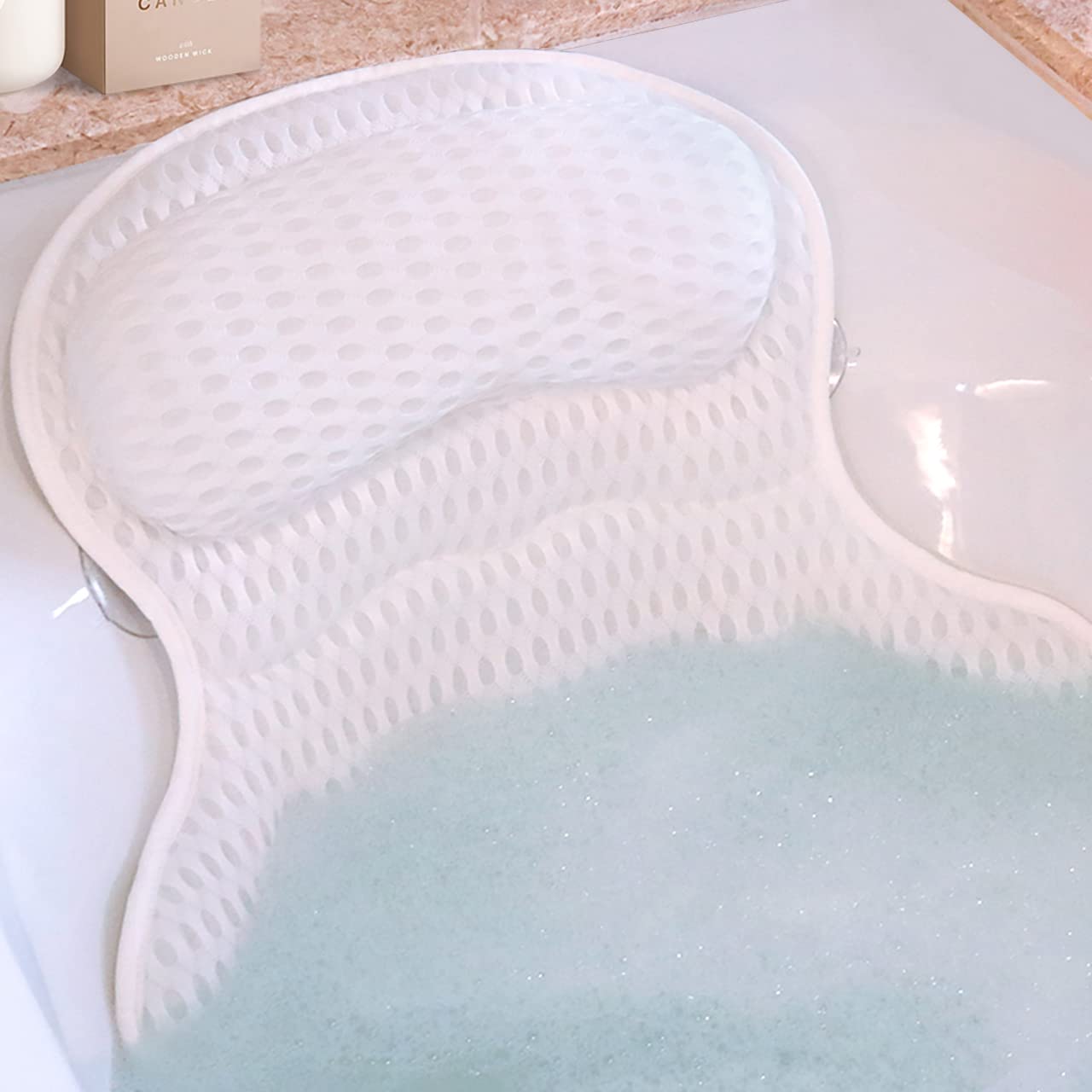 Bath Pillow Luxury Bathtub Pillow - Bath Pillows for Tub Neck and Back Support, Ergonomic Tub Pillow for Bath with 4D Air Mesh + 6 Strong Suction Cups, Great Spa Gifts Bathtub Accessories