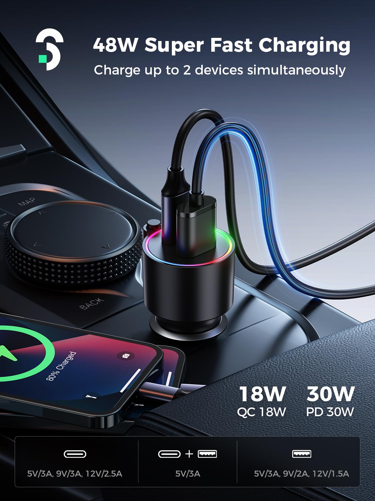 Bluetooth 5.3 FM Transmitter for Car - SOOMFON Bluetooth Car Adapter with Big Mic Bass Stereo Hi-Fi Sound, PD30W QC18W FM Bluetooth Transmitter Car Charger Support Hands-Free Calls, Aux Out, TF Card