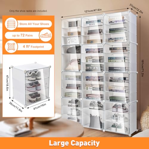 DYRABREST Portable Shoe Rack Enclosed Shoe Organizer, 72 Pairs DIY Shoe Cabinet, White Plastic Closet Shoe Organizer with Transparent Door, Free Standing Shoe Rack Expandable for High Heels, Boots