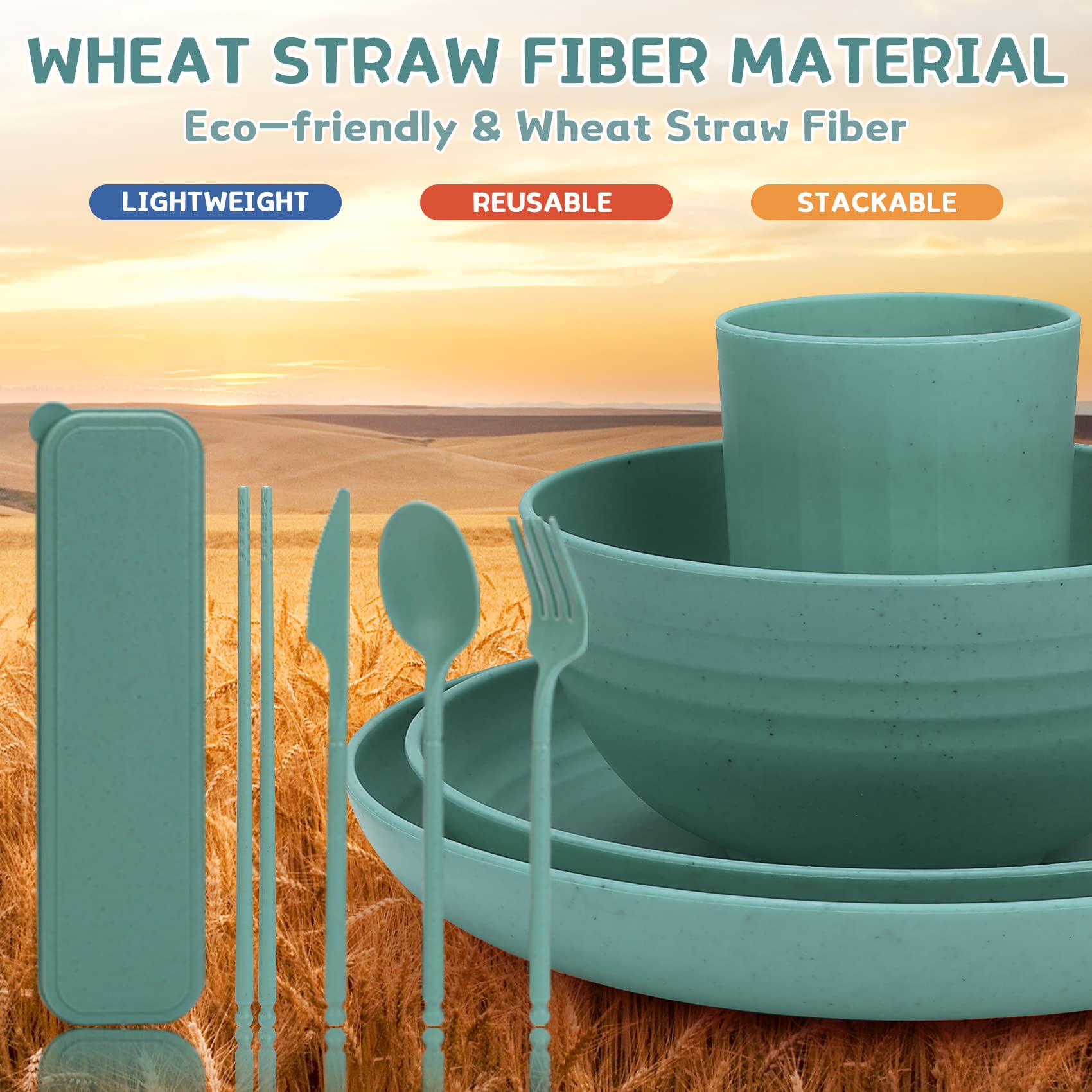 Beyoung Wheat Straw Dinnerware 6 Sets (54Pcs), Unbreakable MultiColor Eco Friendly Reusable Plates Bowls & Cups - Dishwasher, Microwave Safe, BPA free, Ideal for Family Dinner/Picnic/Camping