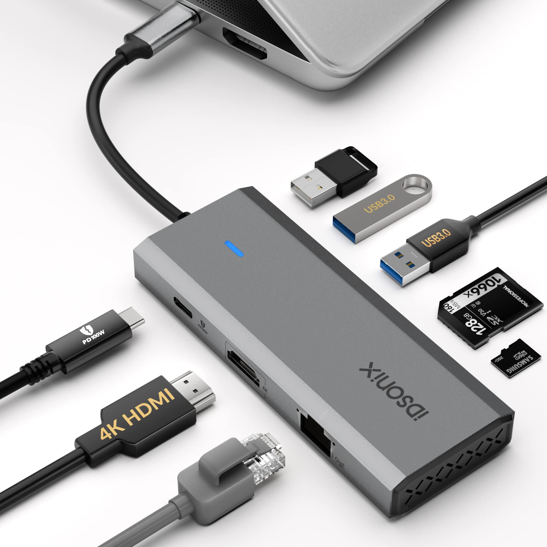 Docking Station - iDsonix 8 in 1 USB C Hub Aluminum Multiport Adapter with HDMI 4K@60Hz, PD 100W, 1Gigabit Ethernet, SD/TF Card Reader for MacBook Air/Pro iPad Dell/Hp Laptop and More