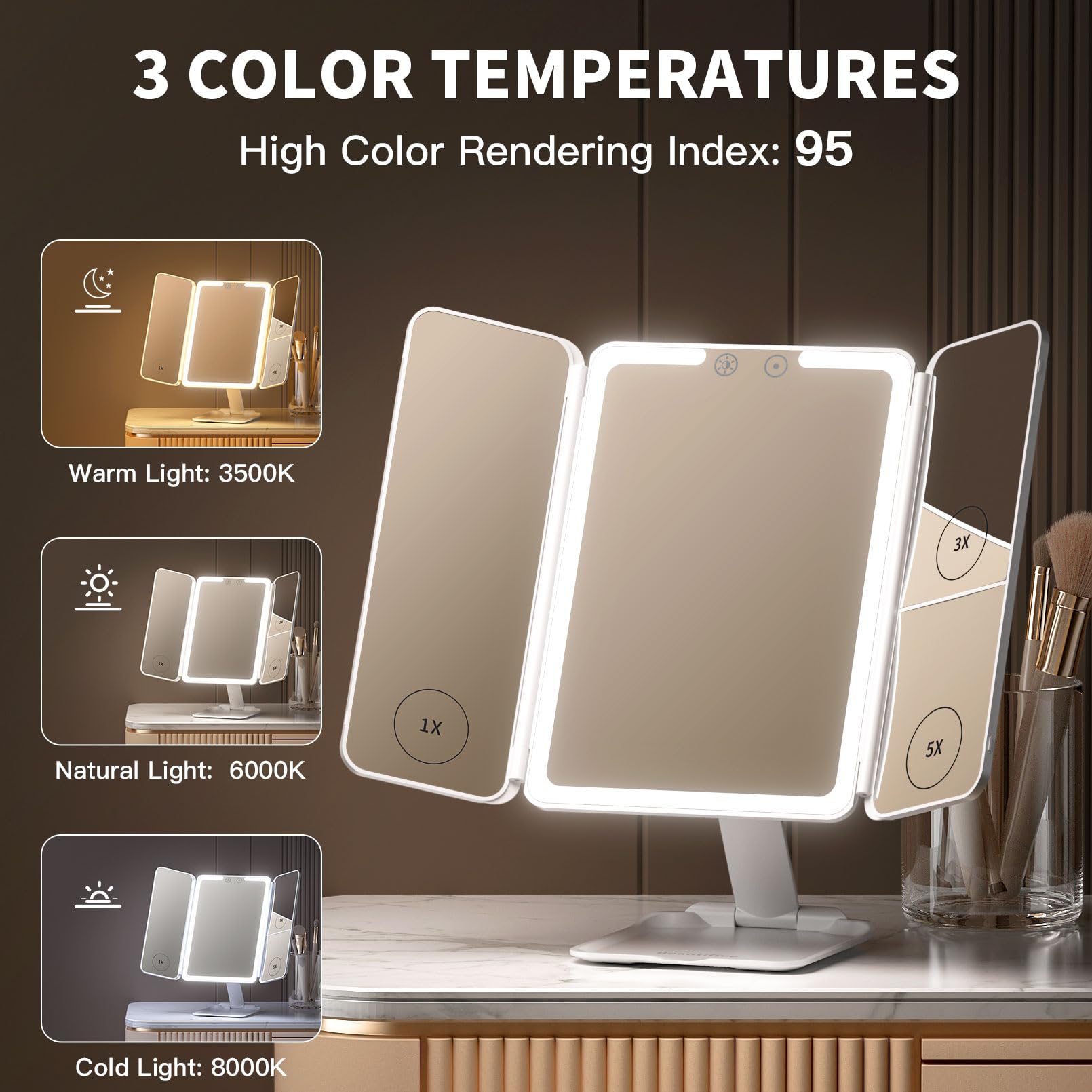 Beautifive Travel Lighted Makeup Mirror with 48 LED Lights, 1X/3X/5X Magnifying Tri-fold Table Mirror, Stepless Dimming and Touch Control, Portable USB Rechargeable Cosmetic Vanity Mirror