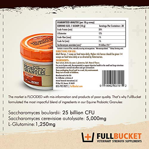 FullBucket Equine Probiotic Granules with Saccharomyces boulardii for Daily Digestive Optimization; Concentrated Formula with 25 Billion CFUs - 30 Servings