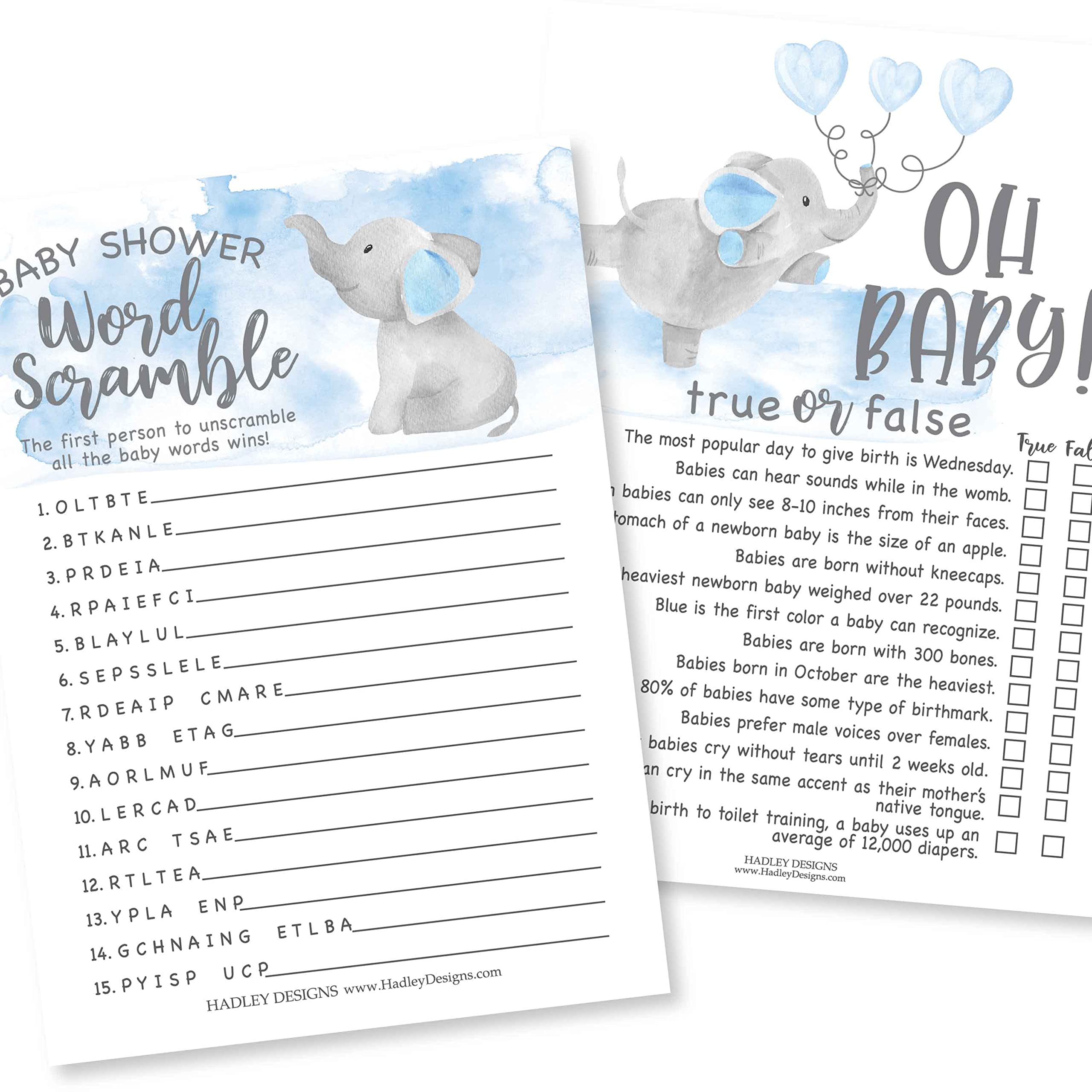 Hadley Designs Blue Elephant Baby Shower Games for Boys - 2 Games Double Sided, 25 Word Scramble for Baby Shower Ideas, 25 True Or False Baby Shower Game, Fun Baby Shower Games, Party Supplies