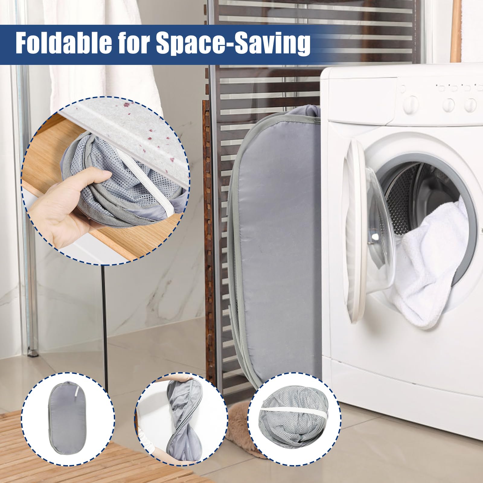 Collapsible Laundry Baskets, Upgrade Pop Up Laundry Hamper with Convenient Bags, Foldable Laundry Basket Mesh Light Weight, Easy to Carry Clothes Hampers for Laundry, Dorm, Toys, Travel Grey