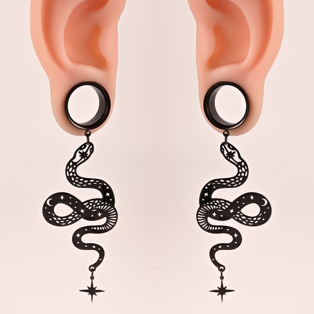 Atomhole 2PCS Snake Dangle Ear Gauges Hypoallergenic Stainless Steel Ear Plugs Ear Hangers for Stretched Ears Tunnels Pair Selling 2g 0g Body Jewelry (10mm(00G), Black)