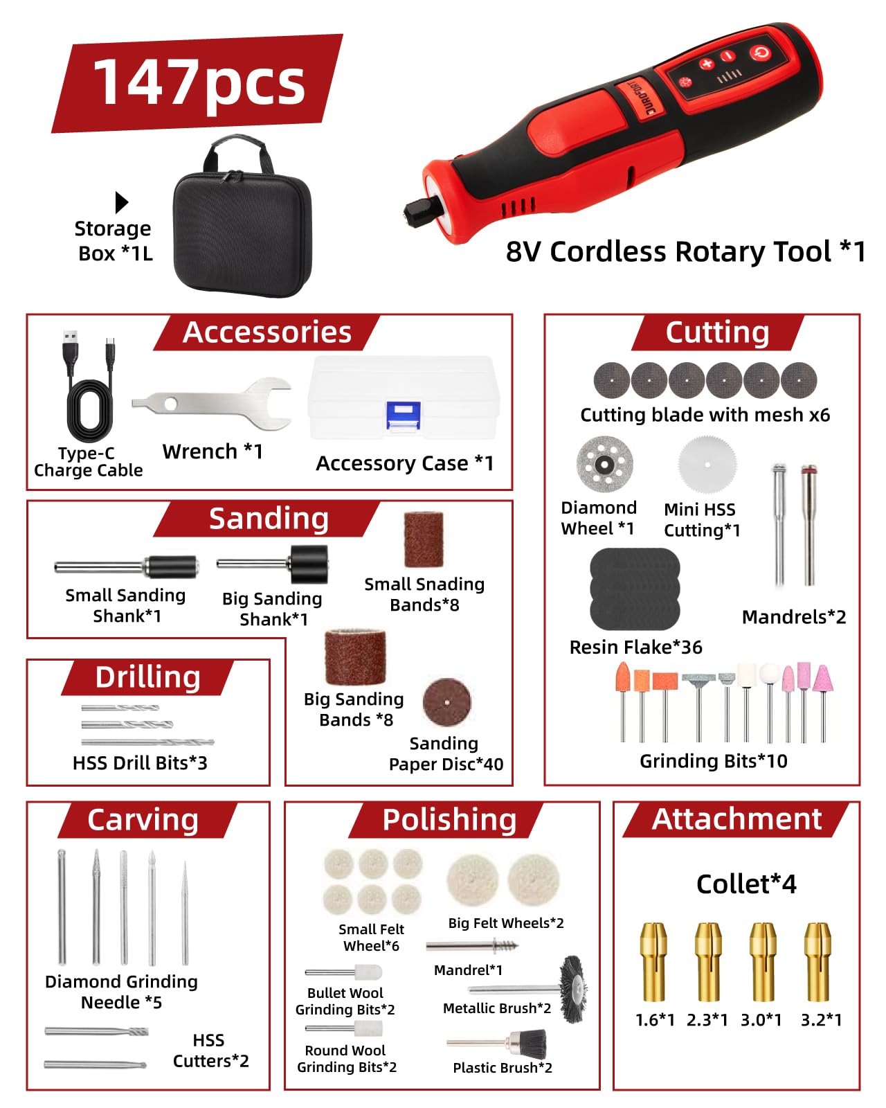 Cordless Rotary Tool Kit, 8V Cordless Die Grinder 146pcs Accessories, 32000RPM 5-Speed Multi Power Carving Tools, 2.0Ah Rechargeable Battery, for Sanding, Polishing, Engraving, Drilling, Cutting, DIY