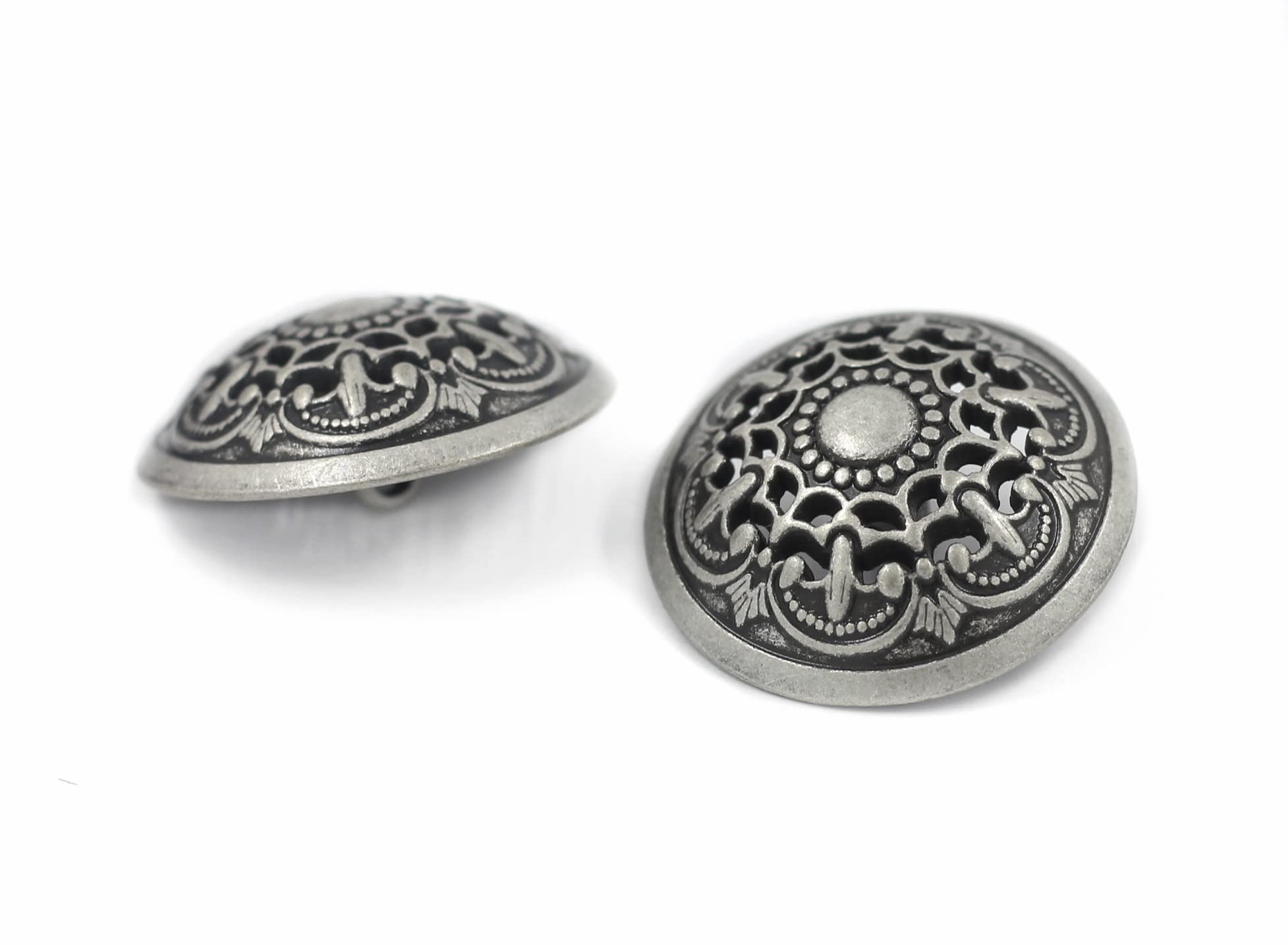 Bezelry 8 Pieces Medieval Filigree Openwork Domed Metal Shank Buttons. 25mm (1 inch) (Antique Silver)
