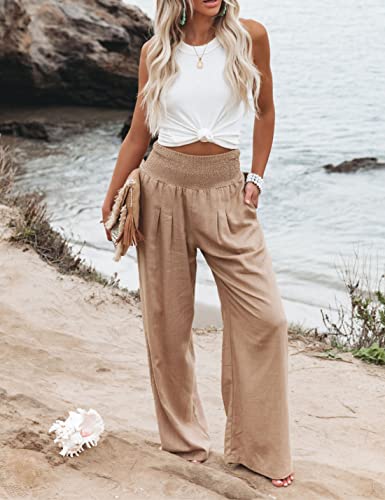 Hooever Women's Summer Linen Pants High Waisted Wide Leg Palazzo Pant Flowy Lounge Trousers (Khaki-S)