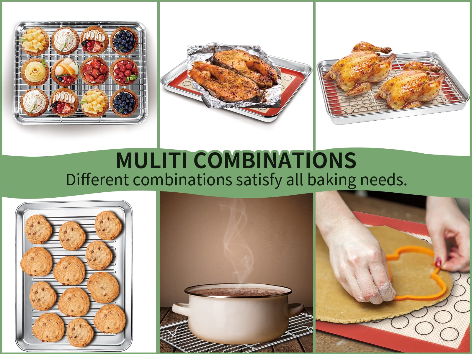 CEKEE Baking Sheet with Rack Set of 9 (3 Cookie Sheets + 3 Baking Racks + 3 Mats), Stainless Steel Baking Sheet Cooling Rack with Baking Mat Set, Baking Pans Set - Heavy Duty & Dishwasher Safe