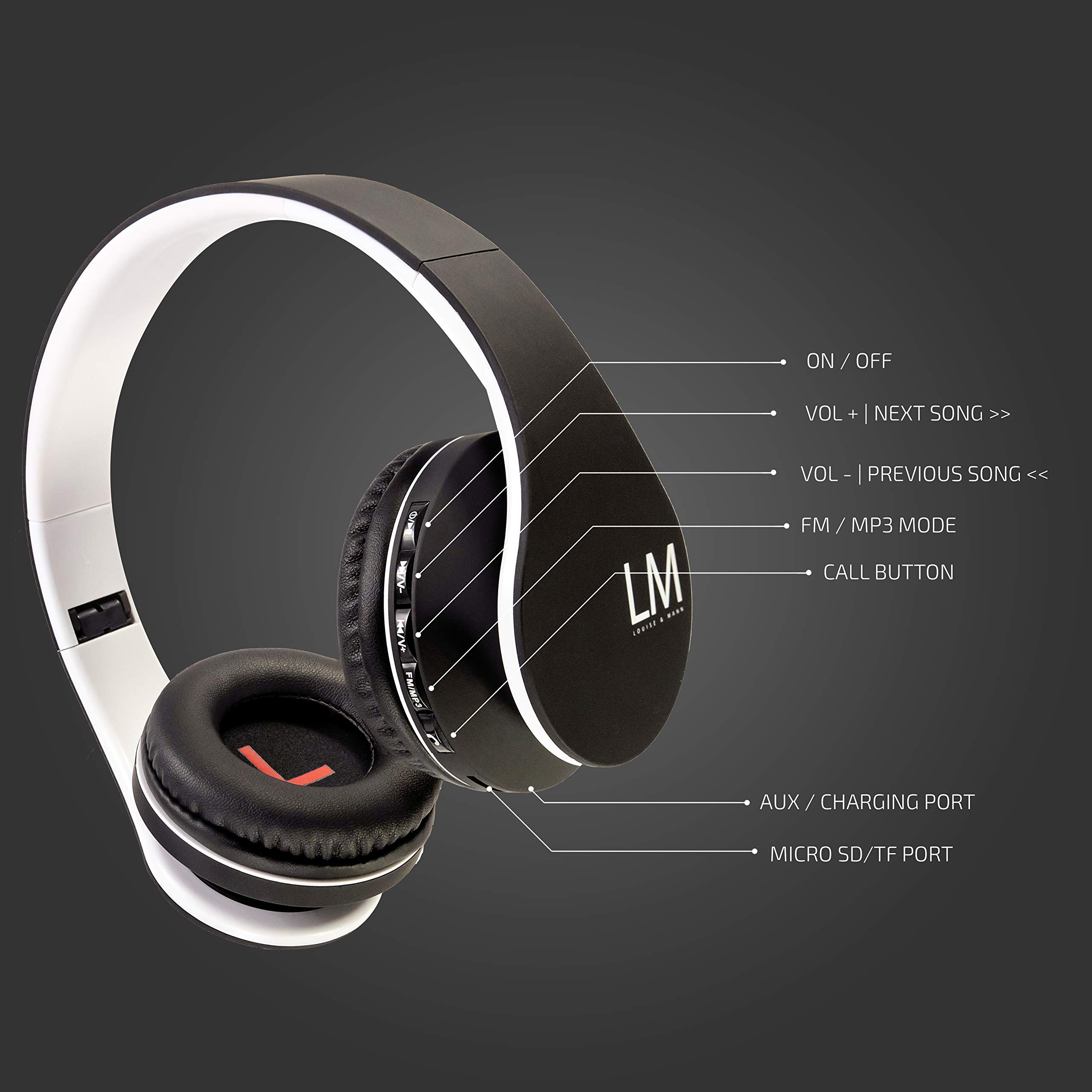 Bluetooth Headphones, Louise&Mann Wireless Headphones Over-Ear, Stereo Headset with Microphone, Soft Earmuffs, Bag for Transport for Phones/Tablets/PC (Black/Silver)
