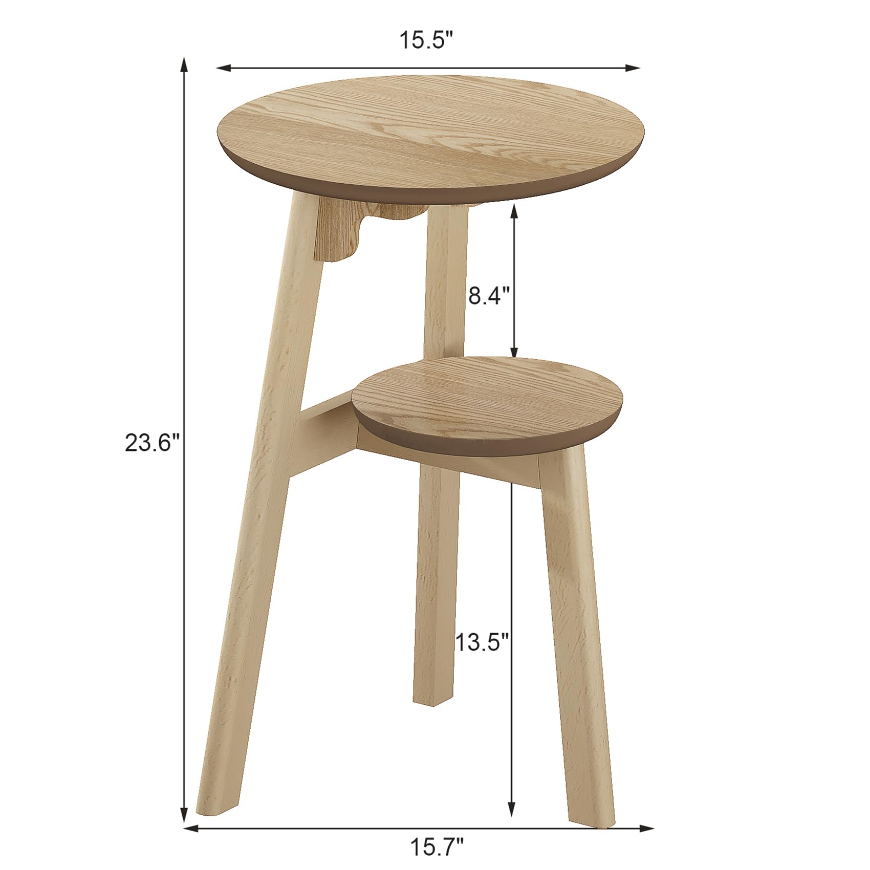 ChooChoo Round End Table Set of 2, Narrow Side Table for Small Spaces, Accent Table Night Stand with 2 Tier Shelf for Bedroom and Living Room, Natural