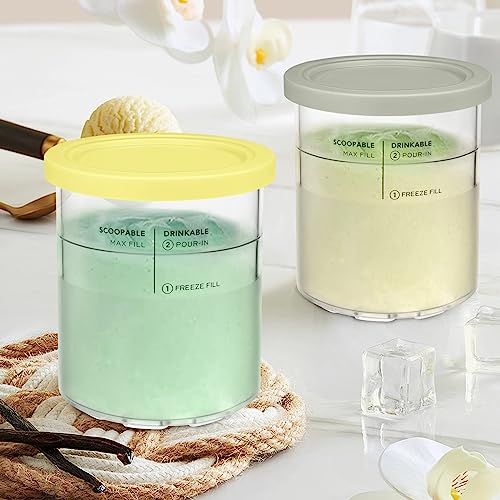 FIRJOY 24 oz. Containers | Extra Replacement Pints and Lids for Ninja Creami Deluxe - Compatible with NC501, NC500 Series (2 Pack - Grey, Yellow)
