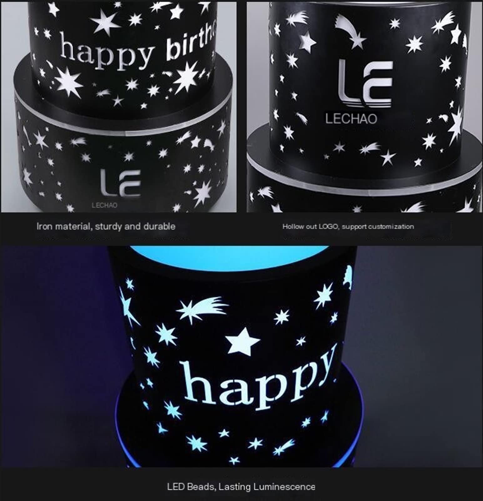 Birthday Cake Three-Tier Champagne Sparklers Bottle Wine Rack Atmosphere Props,Glow Custom Logo Rechargeable Color Flashing,Nightclub Disco Party (Color : RGB, Size : 105 * 60cm)