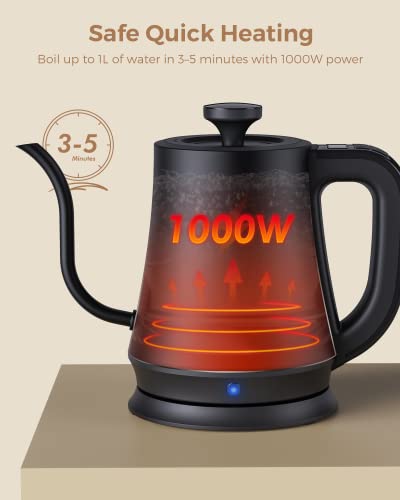 Electric Gooseneck Kettle with Variable Temperature Control,Tea Kettle & Pour Over Coffee Kettle,100% Stainless Steel Inner Lid & Bottom,Quick Heating, Auto Shutoff Anti-dry Protection,1000W-1 L
