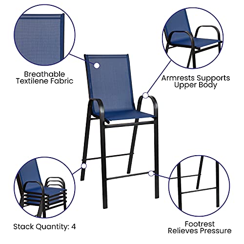 Flash Furniture Brazos Bar Table Set - 5 Piece Glass Brazos Bar Table with 4 Navy Patio Bar Stools - Brazos Outdoor Chairs