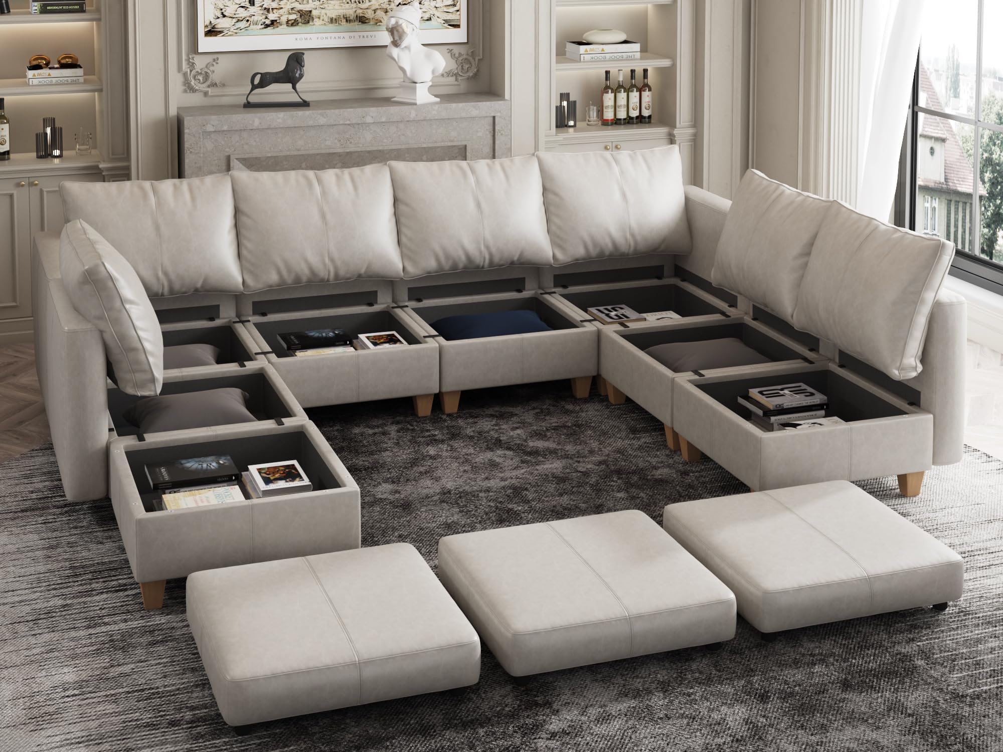 EASE MOOSE Faux Leather Sectional Modular Sofa,Sectional Couch with Storage Ottomans, 8 Seat U Shaped Modular Sectional Convertible Sleeper Sectional Sofa