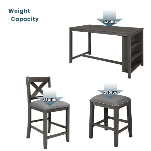 Bellemave 5 Pieces Counter Height Dining Table Set for 4,Rustic Farmhouse Wooden Bar Table Set with 3-Tier Shelf, 2 Stools and 2 Chairs for Kitchen Dining Room(Grey)